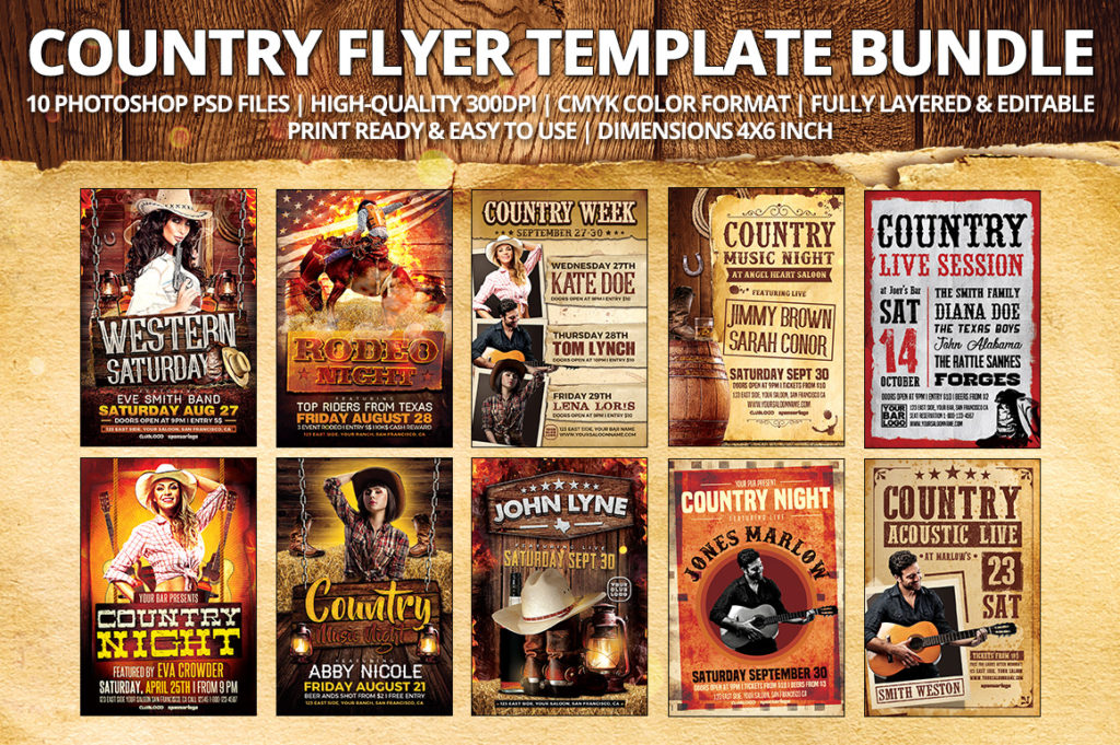 10 Western Country Flyer Template Bundle - Flyer for Parties